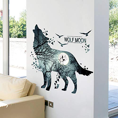 Removable Ink Moon Wolf Wall Decor Creative Blue Galaxy Wolf Room Wall Sticker Easy Peel & Stick Home Decor Murals for Kids Teen Girls Bedroom Nursery Ceiling Living Room