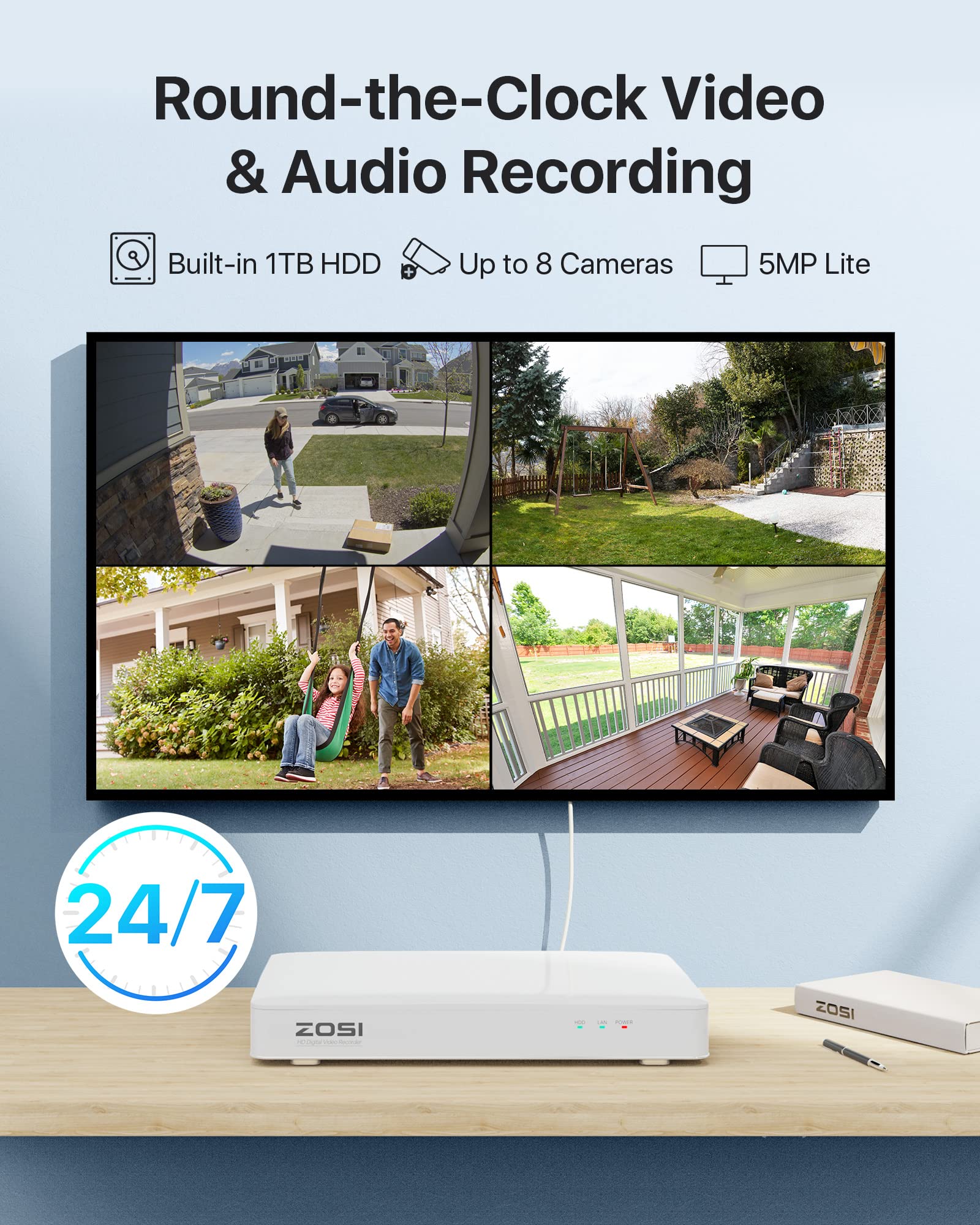 ZOSI H.265+ 3K Lite 8 Channel Security DVR Recorder with 1TB HDD,8CH Hybrid 4-in-1 CCTV DVR for 960H 720P 1080P Home Surveillance Camera System,Person Vehicle Detection,Remote Access,24/7 Recording