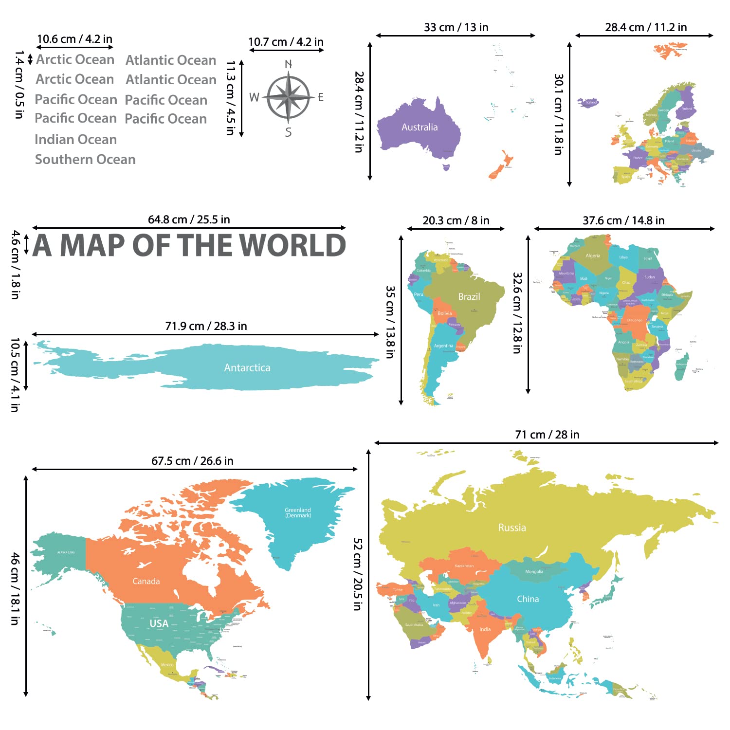 DECOWALL DMT-1809S Modern Pastel Tones World Map Kids Wall Stickers Wall Decals Peel and Stick Removable Wall Stickers for Kids Nursery Bedroom Living Room (Large)