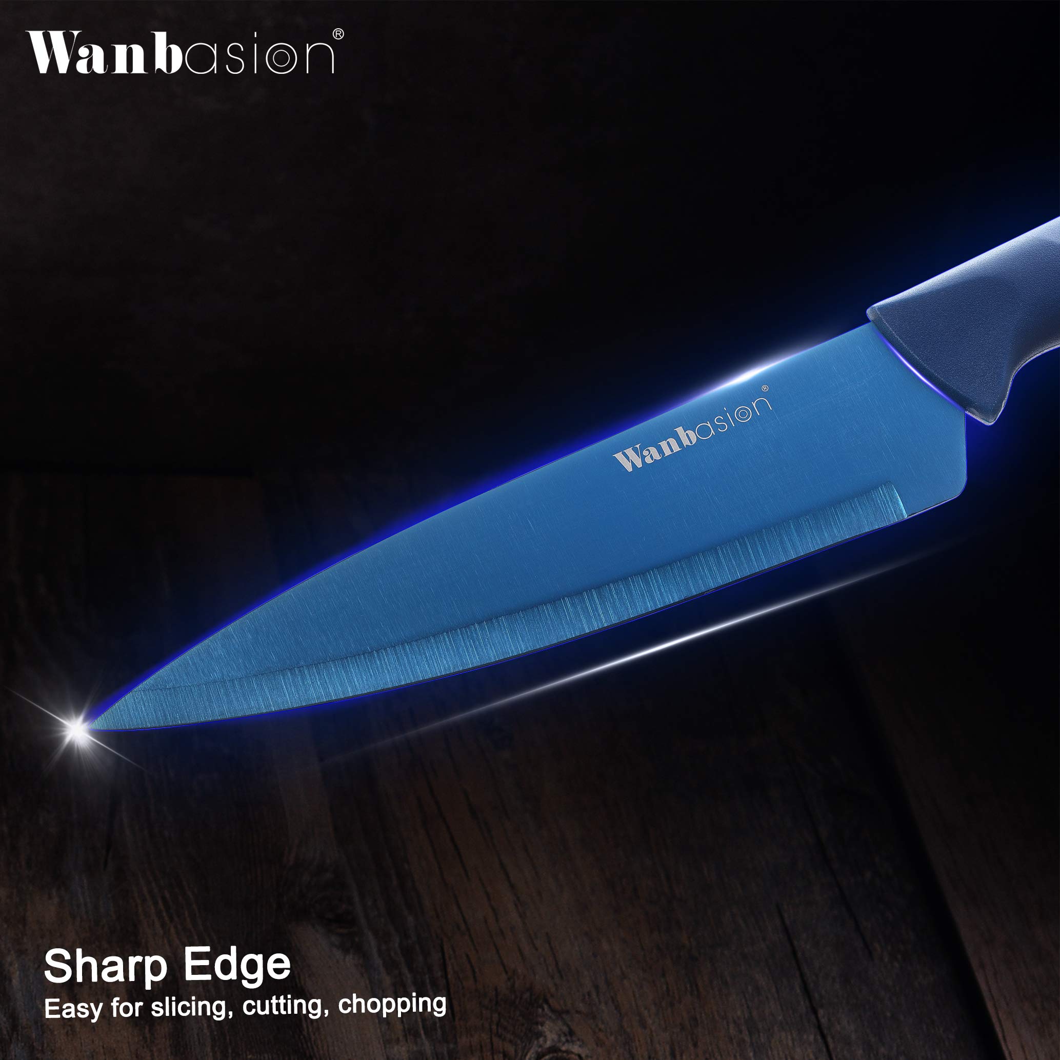 Wanbasion Kitchen Knife Set Block, Stainless Steel Kitchen Knife Set, Professional Kitchen Knife Set Block with Blue Titanium