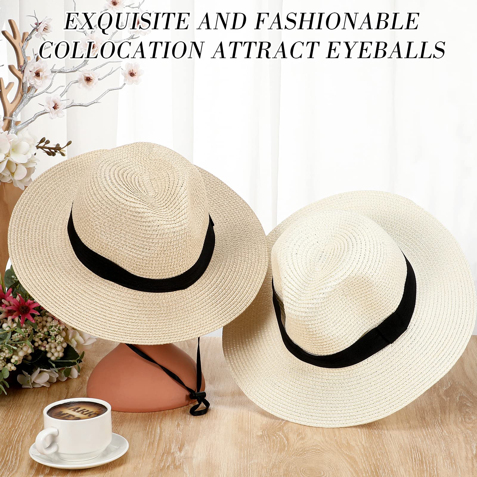 6 Pcs Panama Sun Hat Wide Brim Straw Hat with Wind Lanyard Sun Protection Foldable Beach Hat for Women Men Summer Travel Vacation