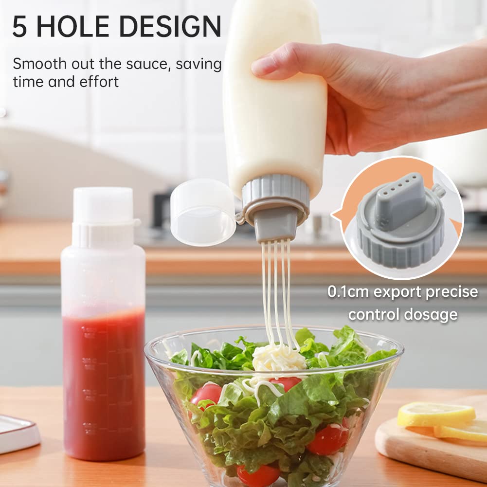 5-Hole Sauce Squeeze Bottle, 175ml Measurable Condiment Squeeze Bottle with Leak Proof Cap, Plastic Clear Sauce Squeeze Bottle Refillable Condiment Containers for Ketchup Jam Mayonnaise BBQ Sauce