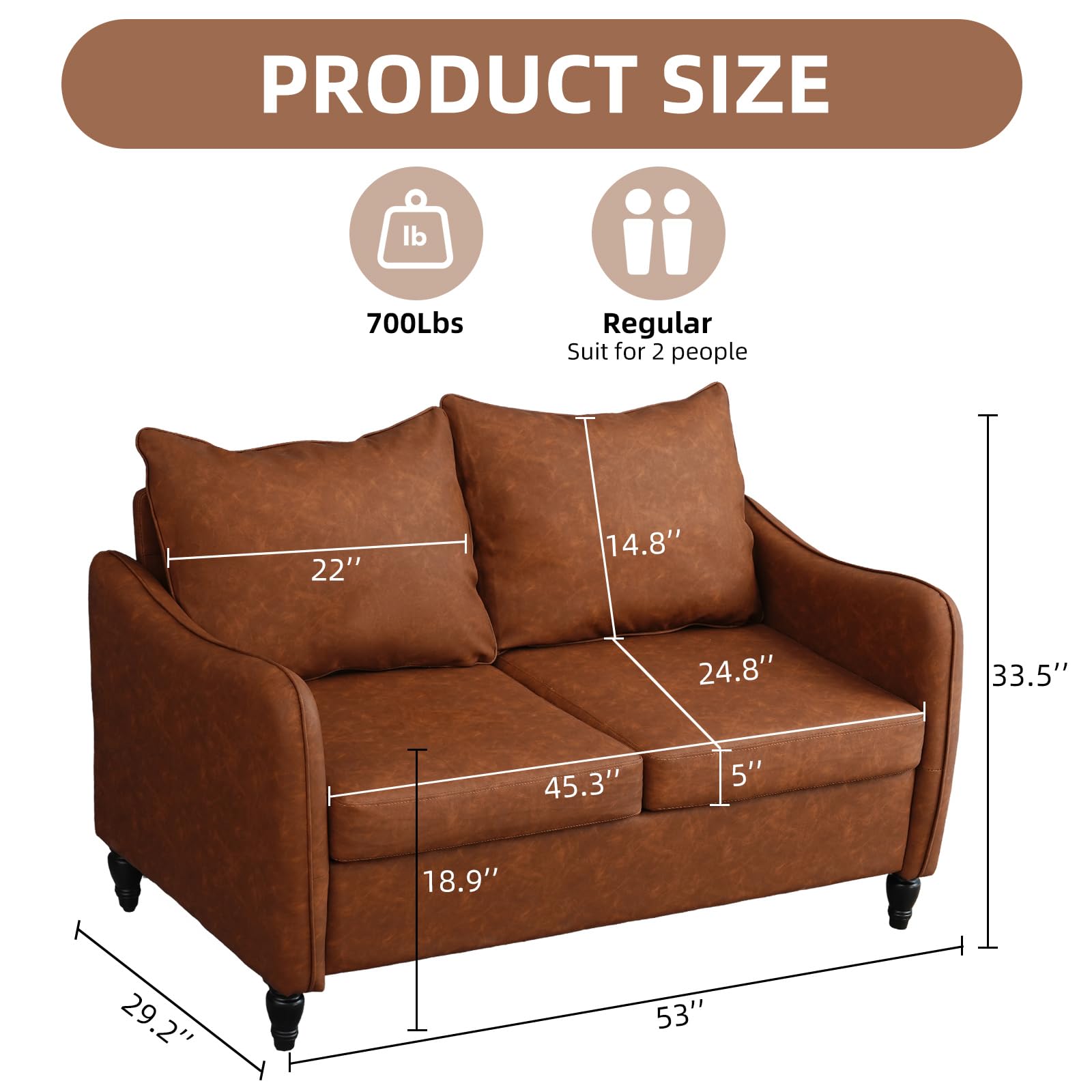 53" Small Loveseat Sofa,Mid Century Modern Love Seat Sofa Couch with PU Leather,2 Seat Small Couches for Small Spaces,Comfy Upholstered Sofa for Living Room,Bedroom,Dorm Office and Apartment(Brown)