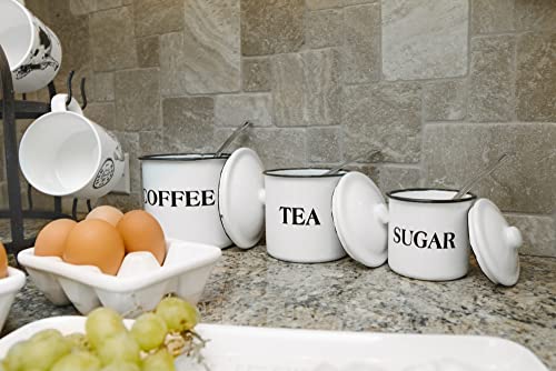 Creative Co-Op Farmhouse Enameled Metal Containers with "Coffee", "Tea", and "Sugar" Messages, White and Black, Set of 3 Sizes