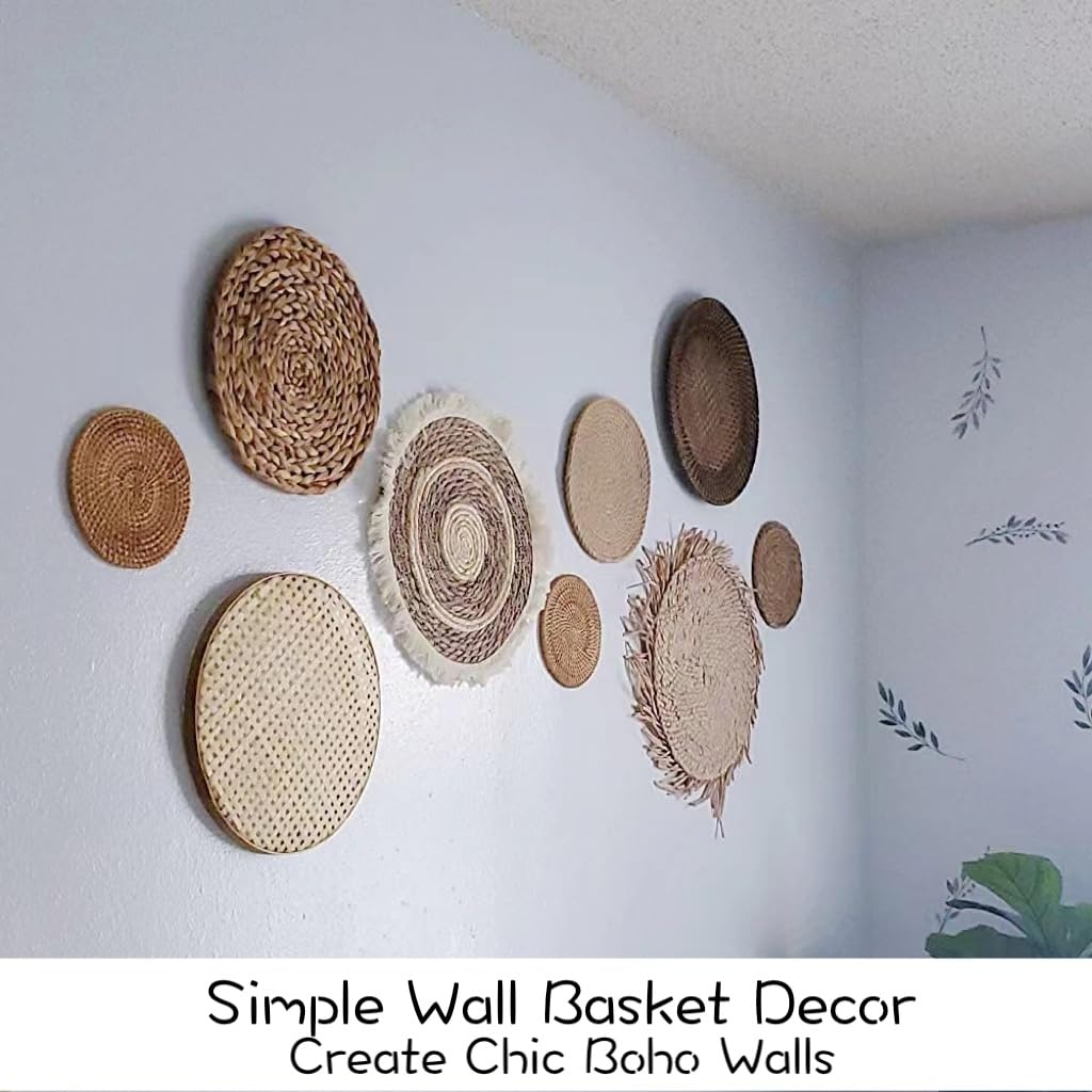ALYBSOO Boho Wall Basket Decor set of 7, Woven Seagrass Wicker Rattan Flat Baskets Wall Hanging Decor, Handmade African Round Wall Baskets Decor, for Living Rooms, Bedrooms