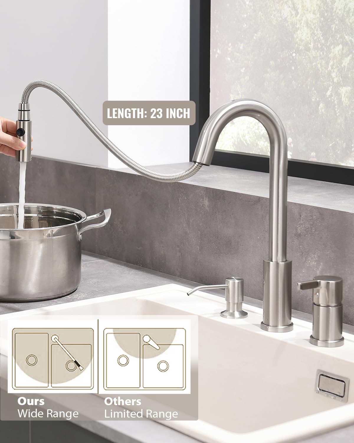 3 Hole Kitchen Faucet, Single Handle Stainless Steel Kitchen Faucets with Pull Down Sprayer, 2 Hole Widespread Kitchen Sink Faucet with Soap Dispenser, Brushed Nickel KMF025L