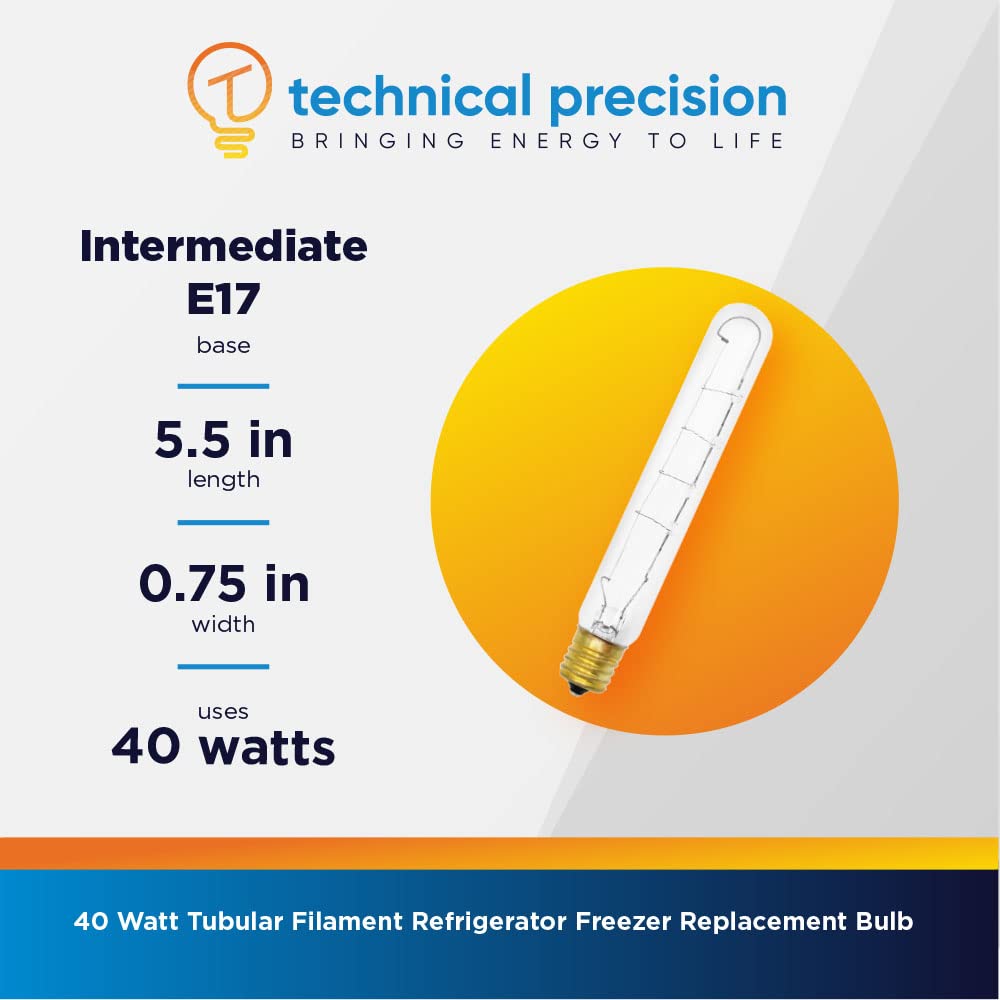 40W T6.5 Tubular Filament Bulb for Subzero Fridge Light Bulb 500 Series by Technical Precision - for 501F 501R 550 532 542 561 590 - Clear Finish Appliance Bulb Intermediate E17 Base - 120V - 2 pack