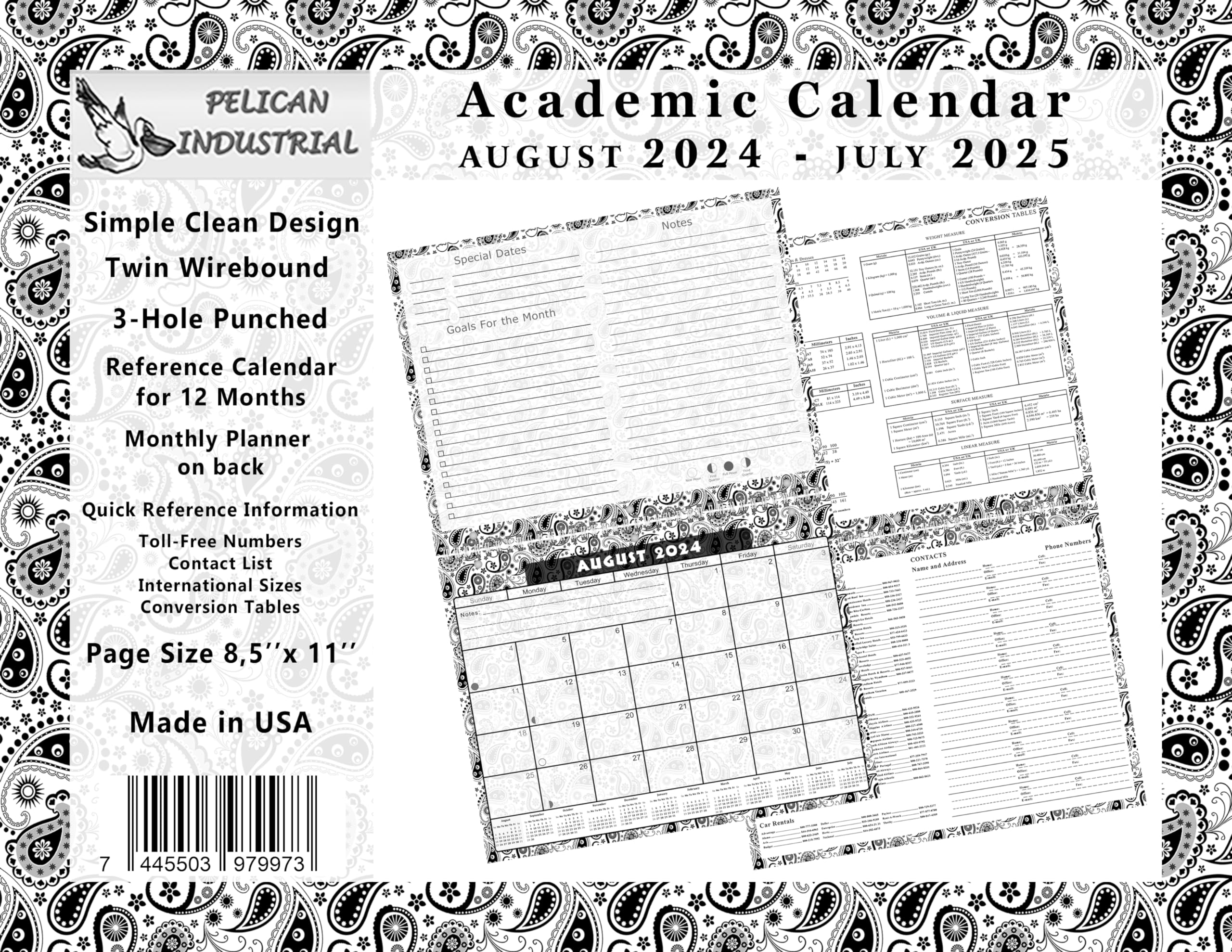 2024-2025 Academic Year 12 Months Student Calendar/Planner for Wall & Desk & 3-Ring Binder, for School, Teacher, Student (Black&White Paisley Edition #010)
