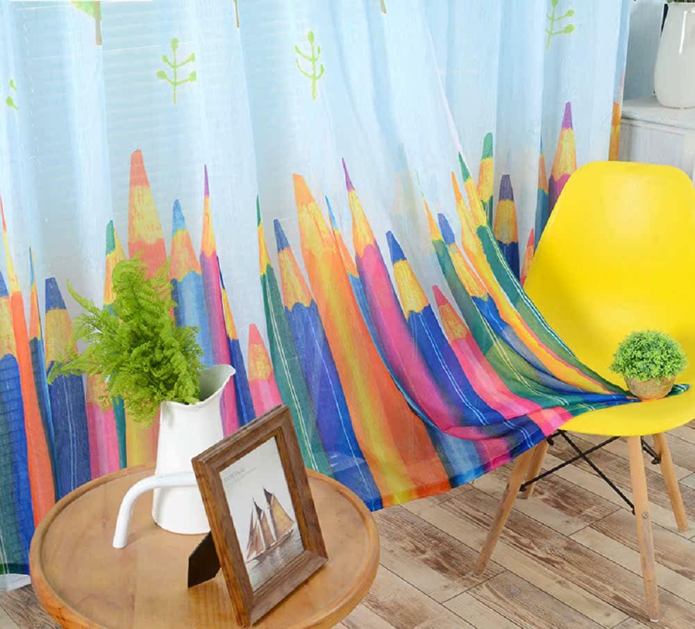52 Wide Cartoon Crayon Graphic Print Lovely 2 Panels Sheer Curtains Living Room Voile Rod Pocket Top Style