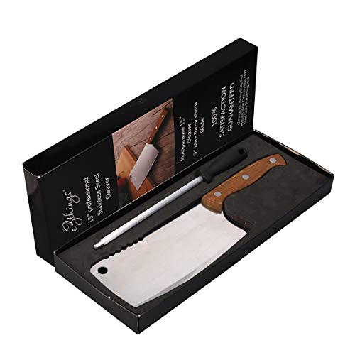 eZthings® 15" Heavy Duty Professional Meat Cleavers Plus Steel Knife Sharpening Rod for Home Kitchen and Commercial Cookware Restaurant Knives (Heavy Duty Cleaver 9" Blade)