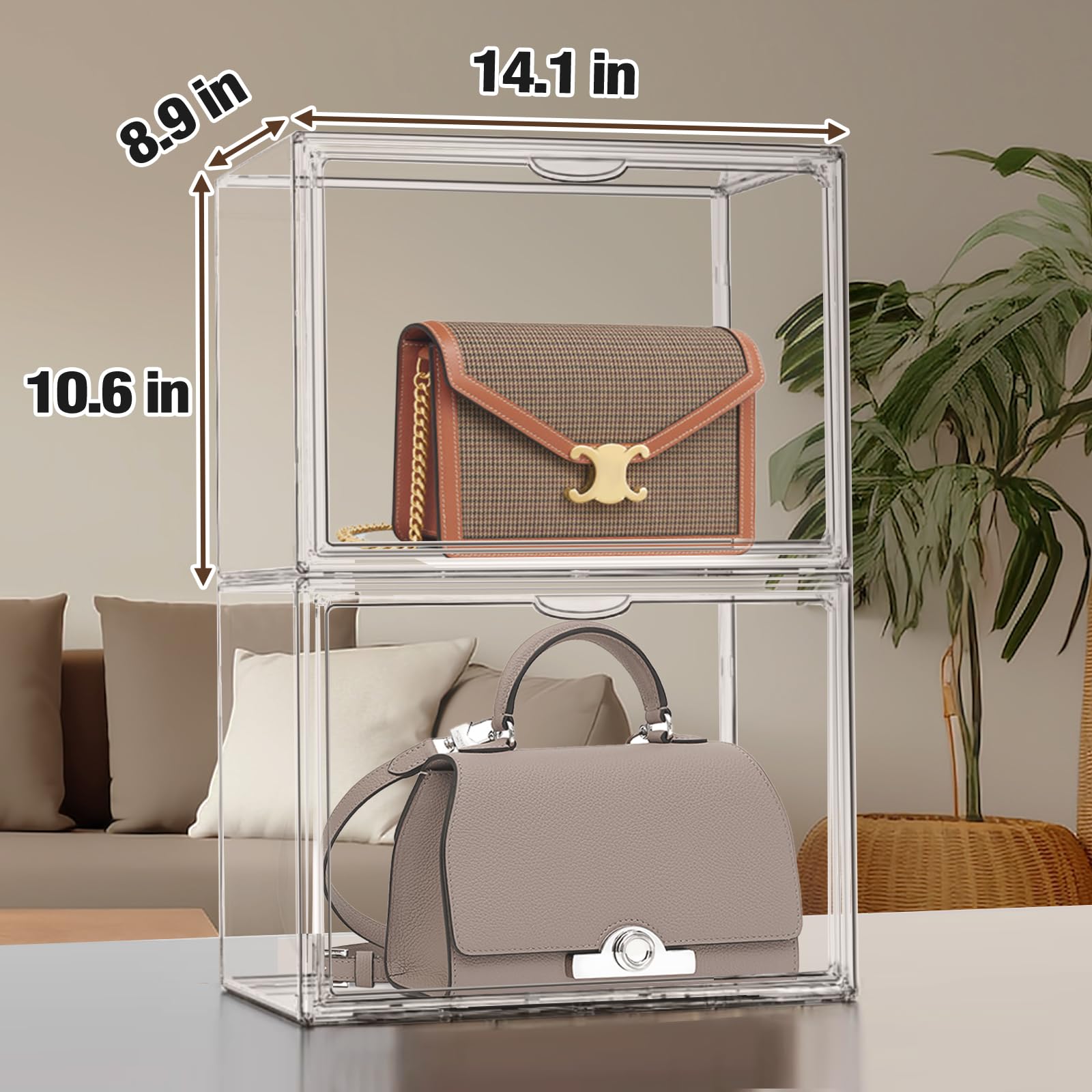4Pack Clear Stackable Plastic Storage Bins with Magnetic Attraction Lid, Dustproof Book & Cosmetic Display Cases, Large Figures Collectibles Showcase, Shoe Box, Bag Organizer