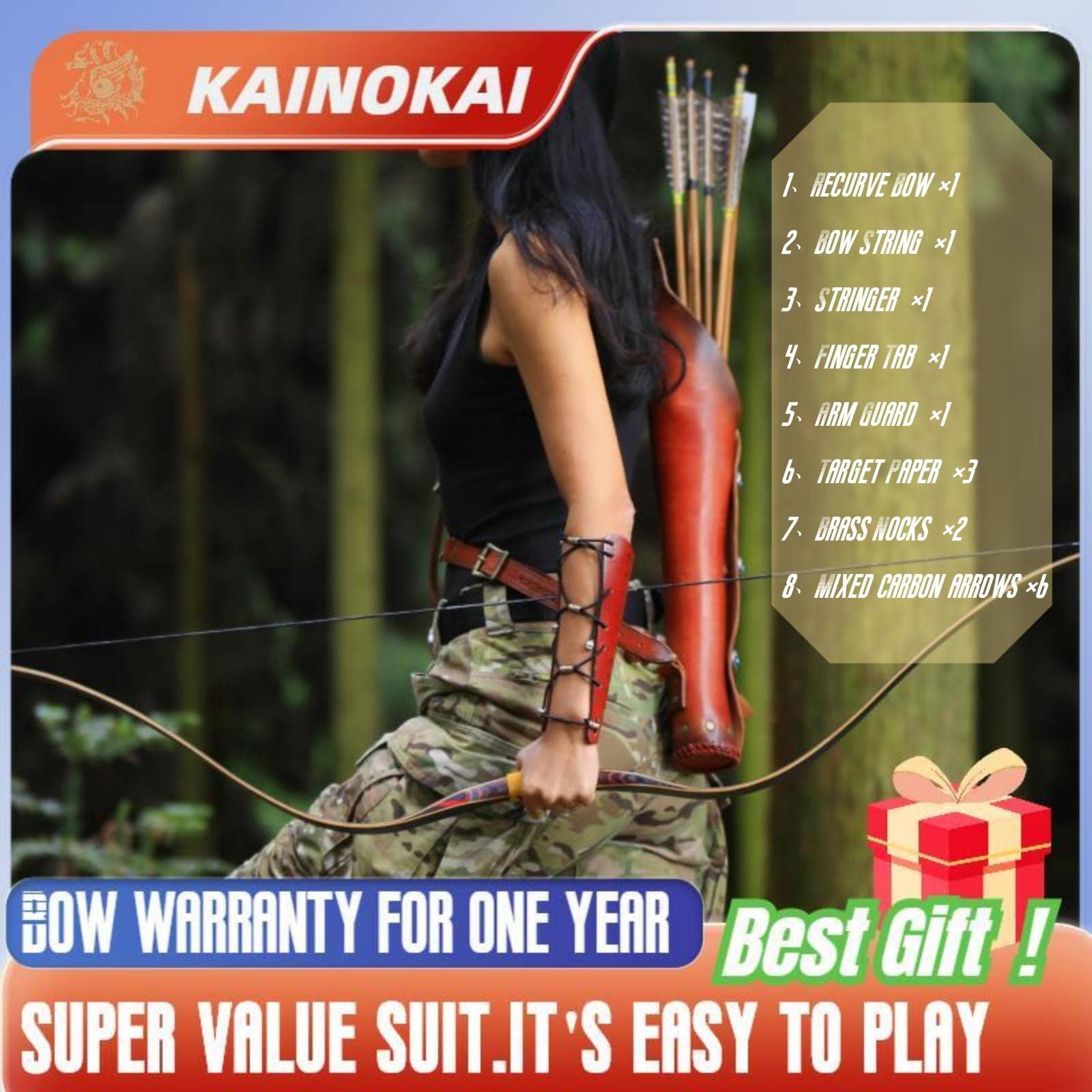 54" Lightweight Laminated Recurve Bow,Hunting Bow, Archery Bow and Arrows set 15-50lbs (40 lbs)