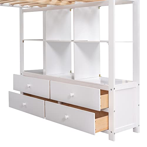 BIADNBZ Full Size Loft Bed with Built-in Desk and 2 Drawers, Wooden High Loftbed Frame w/Storage Shelves, Cabinets and Guardrails, for Kids Teens Adults, White