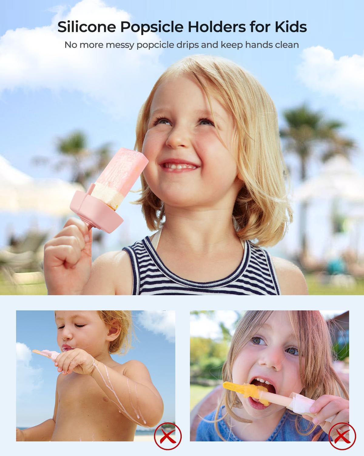 4Pack Drip-Free Silicone Popsicle Holders, AODISTUCE Popsicle Holder with Straw | with 2 Slots Fit Standard & Wide sized sticks Drip Free Popsicle Stick Holder Popsicle Drip Catcher