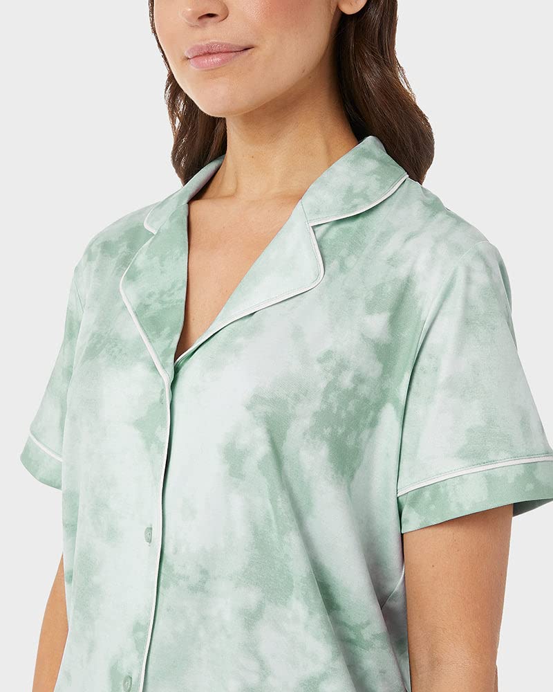 32 DEGREES Women's Cool Button Up 3 Piece Sleep Set |4-Way Stretch | Button up Top | Lounge Capri and Short, Light Mint Hazy Tie Dye, X-Large