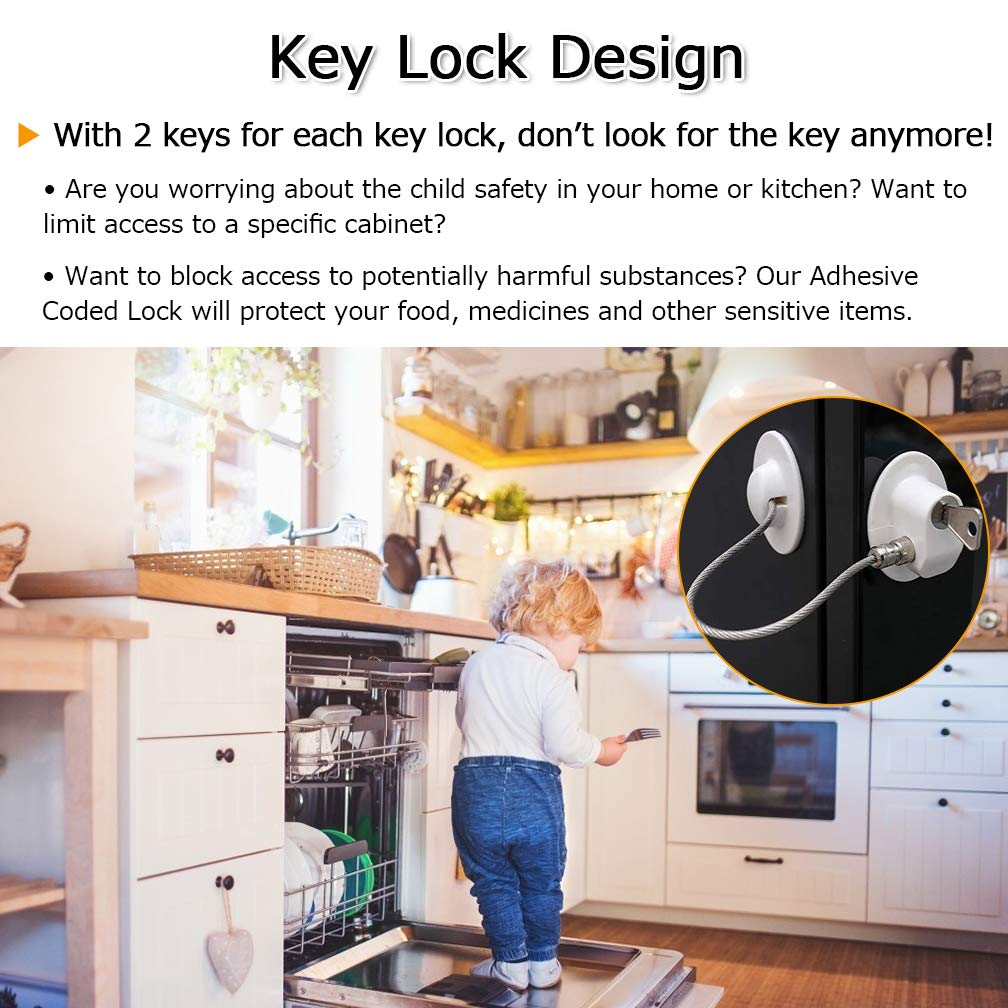 Maveek 3 Pack Child Safety Refriderator Lock, Cabinet Lock with 3 Keys, Drawer Lock with 6 Extra Strong Adhesive Stick Pads for Fridge Freezer Glass Door Window Baby Proof No Tools No Drilling White