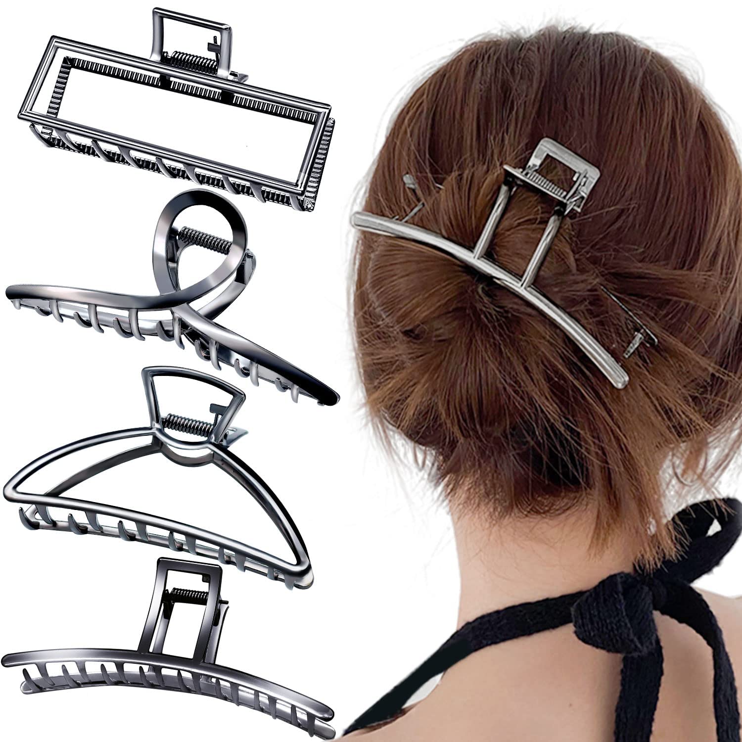 AIBEE Large Metal Hair Claw Clips, 2023 Stylish Butterfly Jaw Clips for Thick/Thin Hair, 4 Pack Long Hair Clips for Women (Metallic Black)
