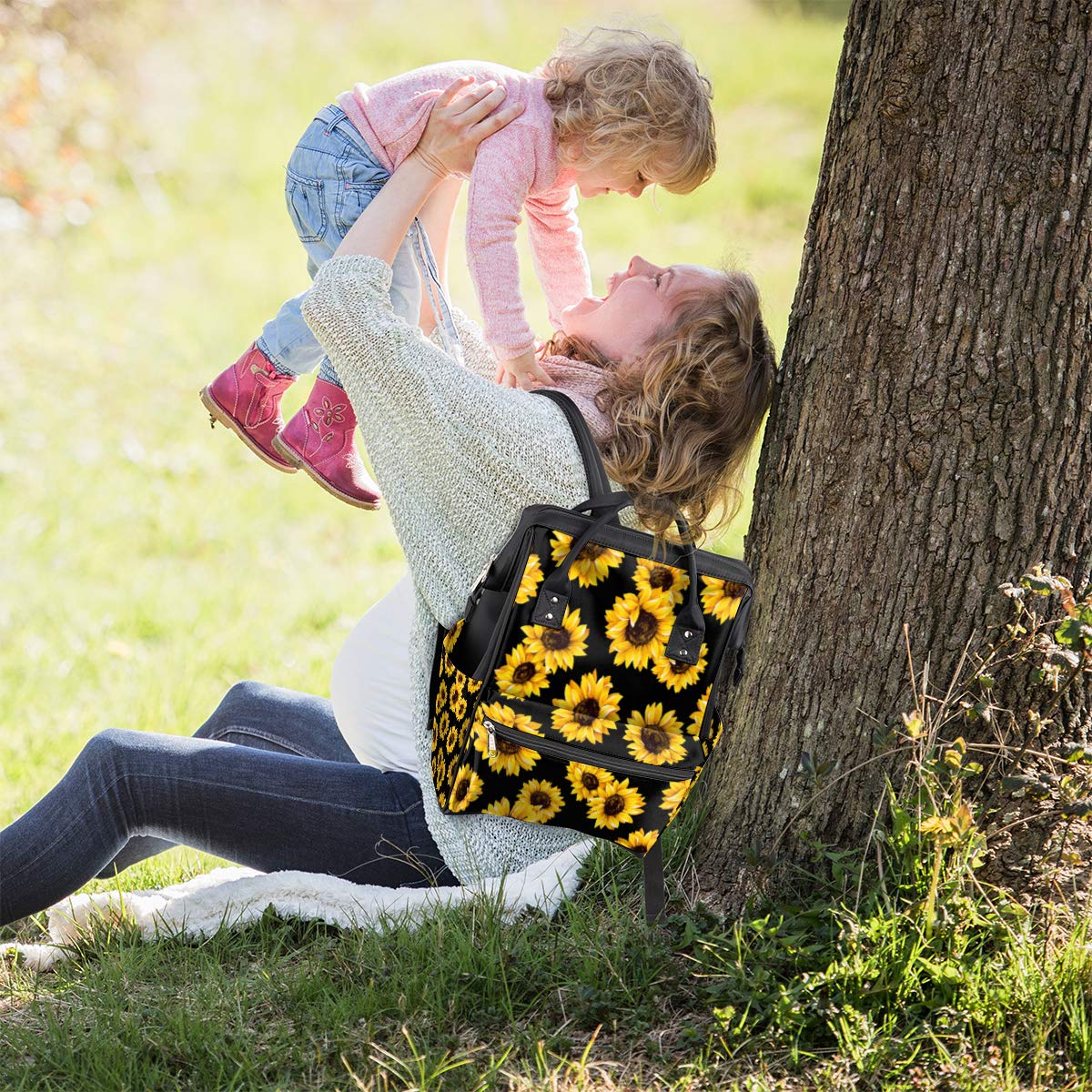 TropicalLife Sunflower Art Painting Diaper Backpack Large Capacity Baby Bags Multi-Function Zipper Casual Travel Backpacks for Mom Dad Unisex
