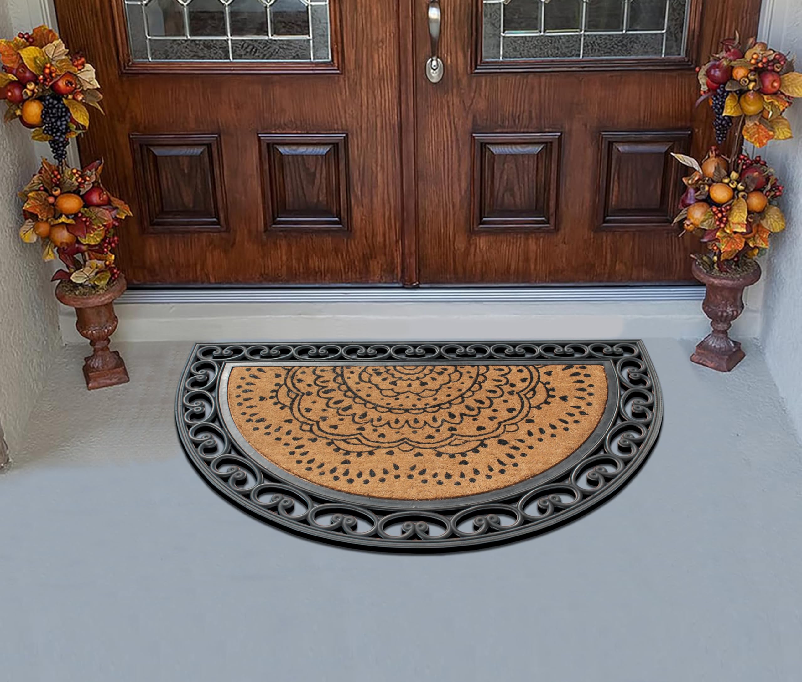 A1 Home Collections A1HOME200131 Heavy Duty Welcome Doormat A1HC Natural Coir & Rubber Round Door Mat, 30" X 48", Half Circle Paisley Black