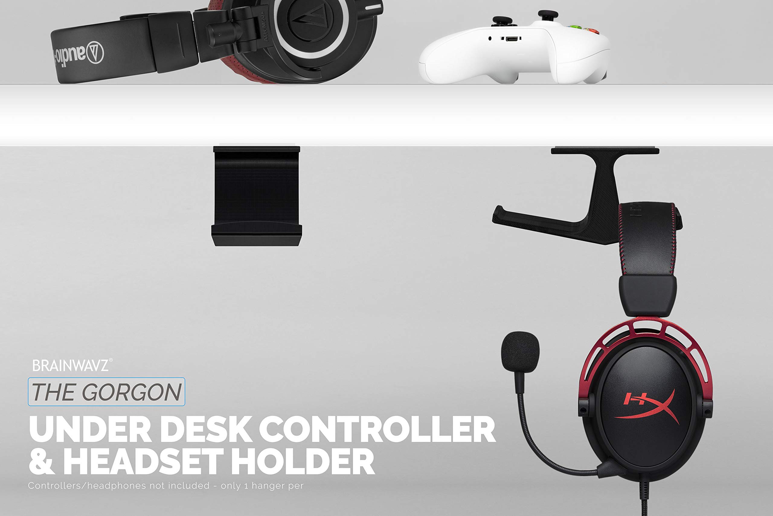 BRAINWAVZ The Gorgon - Under Desk Game Controller & Headphone Holder for XBOX, PS4, PS5, Series One, Steelseries, PC & Most Gamepads & Headsets, Screwless Hanger Stand, Black