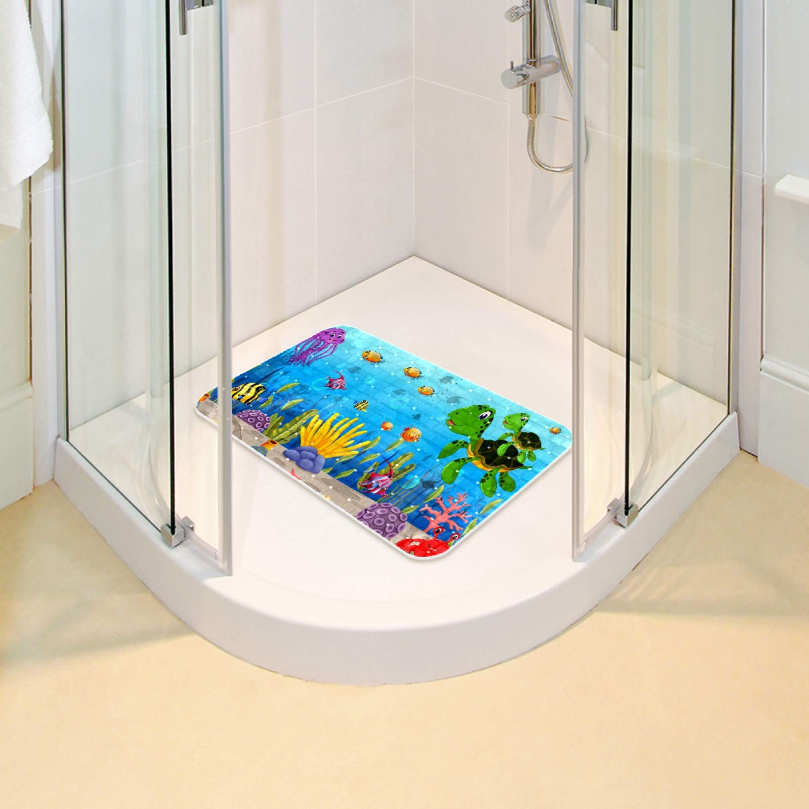 Shower Bath Mat (14.7x26.9 in) Cartoon Turtle Underwater Massage Textured Rectangle for Bathroom Showers, Tub