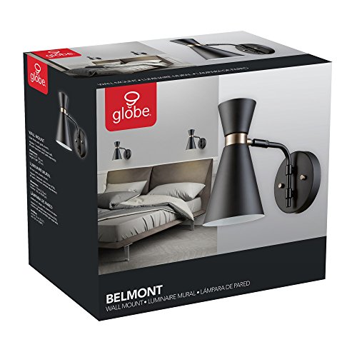 Globe Electric 65855 Belmont 1-Light Wall Sconce, Satin Black, Gold Accents