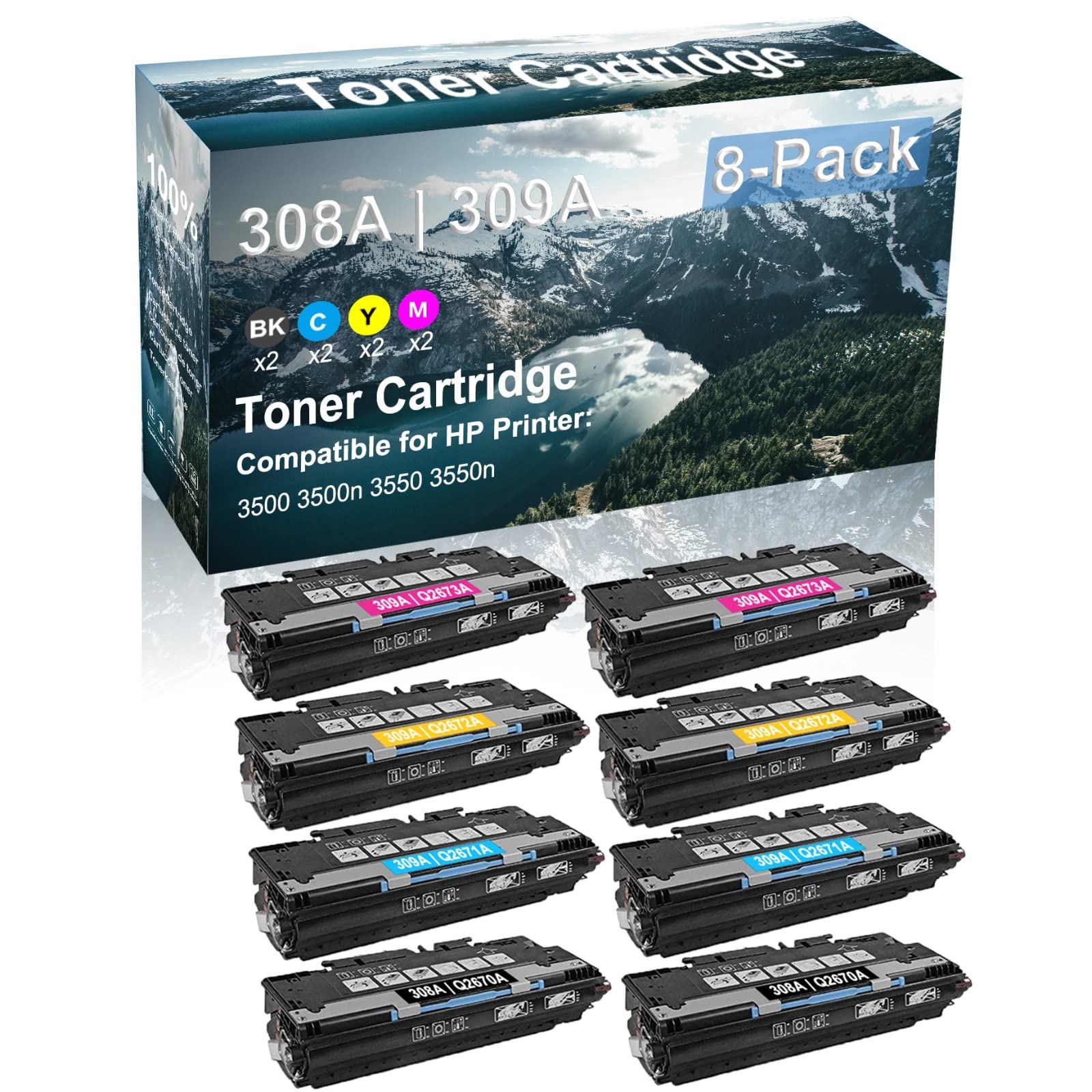 8-Pack (2BK+2C+2Y+2M) Compatible High Capacity 308A 309A | Q2670A Q2671A Q2672A Q2673A Toner Cartridge use for HP 3500 3500n 3550 3550n Printer