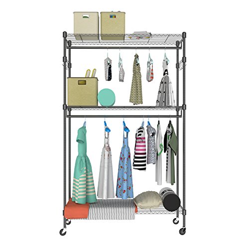Kemanner Heavy Duty Rolling Garment Rack 3-Tiers Wire Shelving W/Double Rods & Lockable Wheels & 1 Pair Side Hooks - Hold Up to 400Lbs (Black, 2Rod 2Hook)
