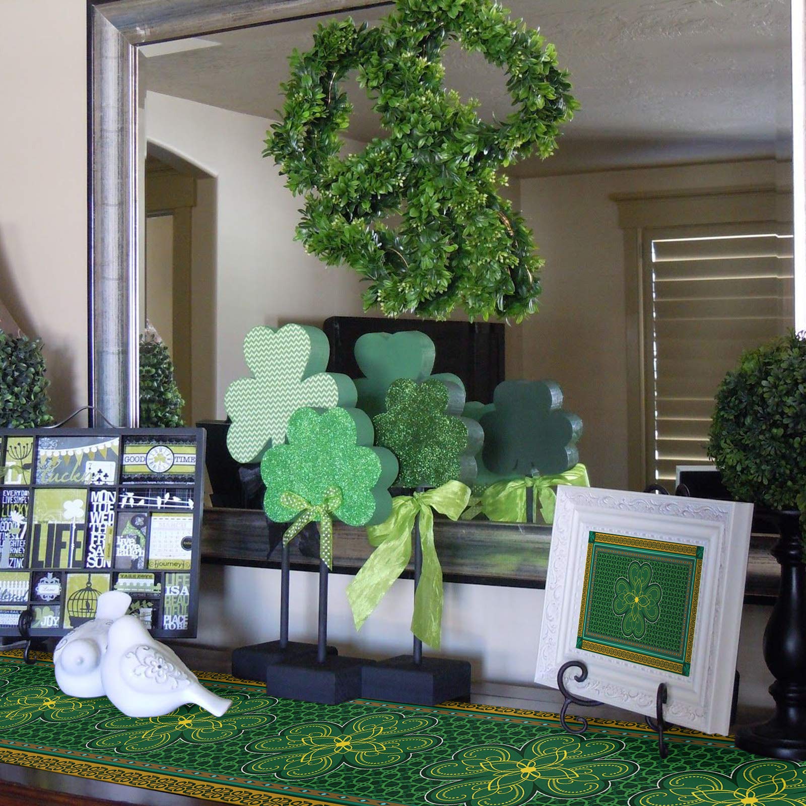 WAZZIT St. Patrick's Day Cotton Table Runner Decorative - Holiday Table Setting Decor Single Layer 13x70inch Traditional Shamrock Irish Decor Retro Geometric