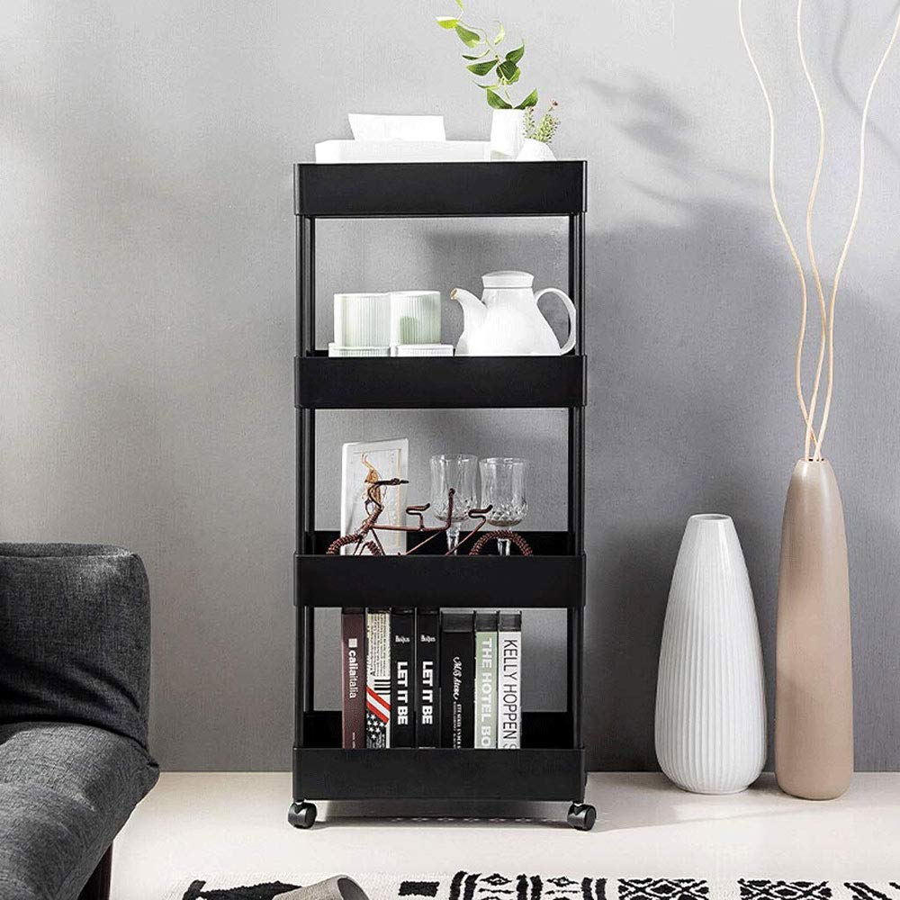 4 Tier Rolling Cart Slim Storage Cart with Wheels Slim Slide-Out Storage Organizer Cart for Kitchen Pantry Living Room Narrow Space, Black