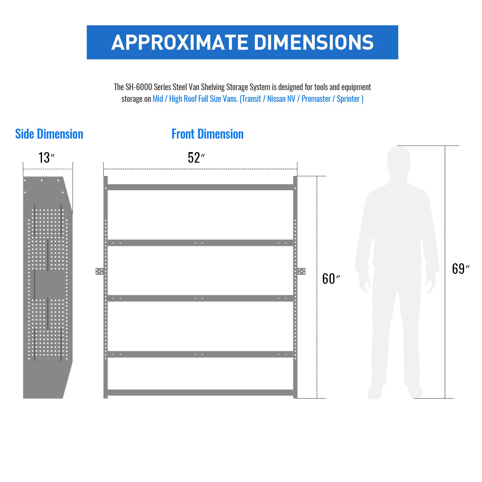 AA Products SH-6005(3) Steel Mid/High Roof Van Shelving Storage System Fits Transit, NV, Promaster and Sprinter, Set of 3 Van Shelving Units, 52''W x 60''H x 13''D