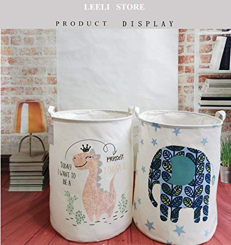 LEELI Laundry Hamper with Handles Collapsible Canvas Laundry Basket,Waterproof Storage Basket Home Organizer for Nursery,Clothes,Toys,Baby Hamper19.7×15.7(pink dinosaur)