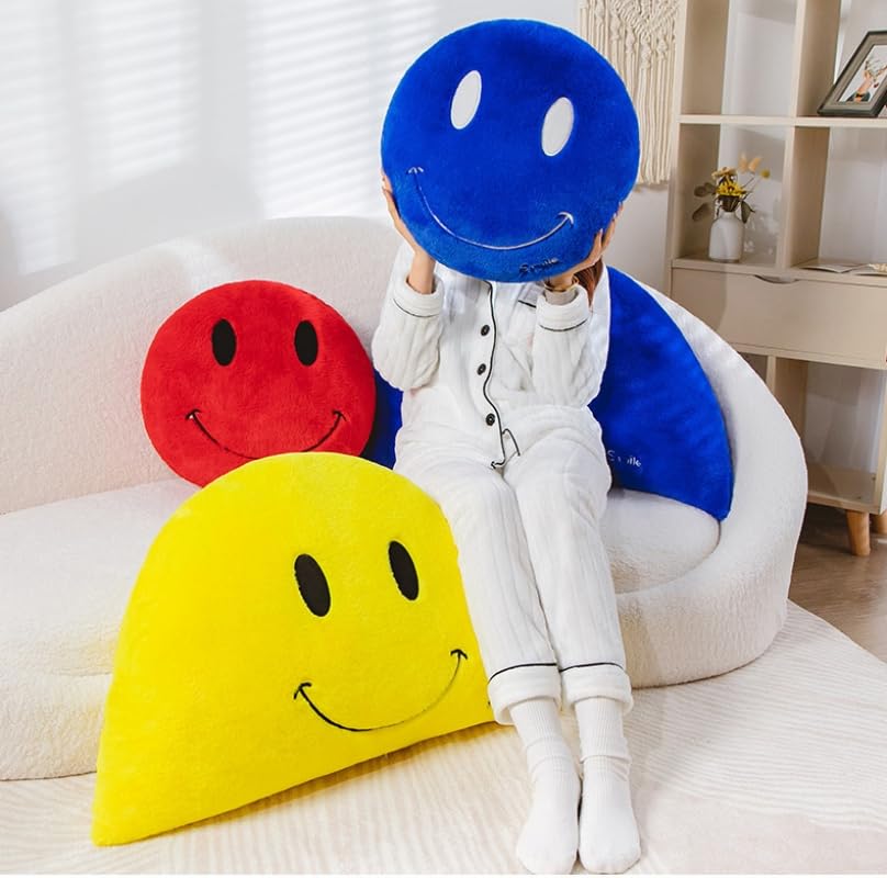 Round Shaped Throw Pillow, Smiling Face Plush Sofa Pillow Decorative Pillow Cushion for Children's Bed,Gift for Boys & Girls (Blue)