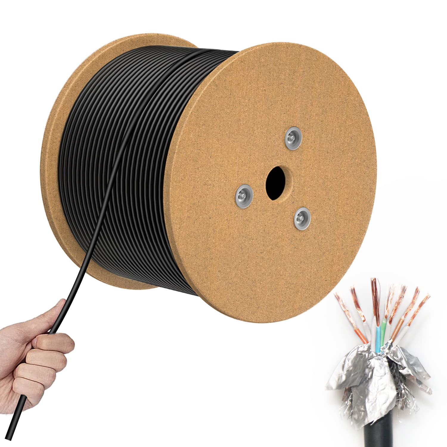 ShineKee Cat7 Bulk Ethernet Cable 660ft, Outdoor CAT 7 Shielded Riser (CMR) Ethernet Bulk Cable Reel 600Mhz Heavy-Duty Waterproof 26AWG S/STP Cat 7 Ethernet Spool, Black (660ft)