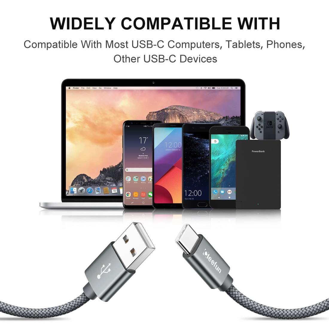 CLEEFUN USB C Cable, USB to USB C Cable Braided, [5 Pack, 3/3/6/6/10 ft] Type C Charger Fast Charging Cable for iPhone 15 Pro Max/Pro/Plus, for Samsung Galaxy S24 S23 S22 S21 S20 Ultra S10, Moto,Pixel
