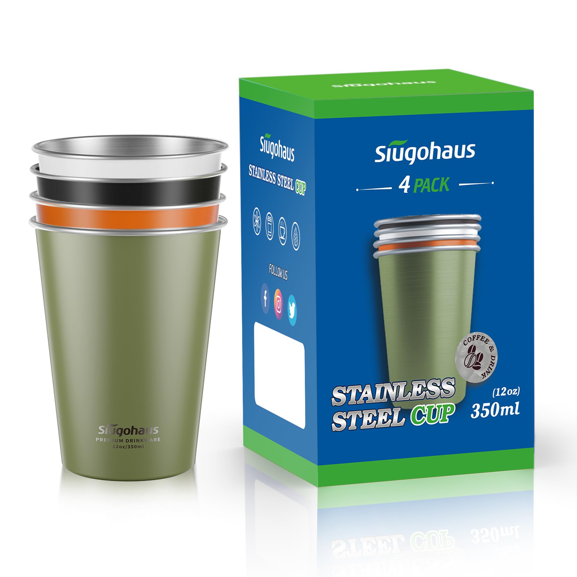 Siugohaus Premium Stainless Steel Cups 10oz Pint Cup Tumbler (4 Pack) Premium Metal Cups - Stackable Durable Cup