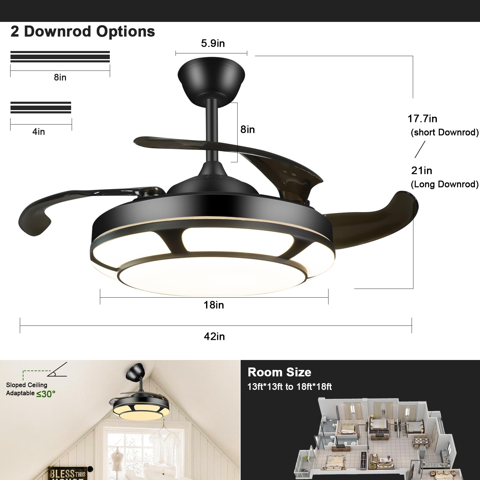 42 in Ceiling Fan,Retractable Ceiling Fans with Lights Remote Control,Ceiling Fans with Bladeless,Enclosed Fan with Dimmable Light,3 Color Ceiling Fan Light,Silent Fan Noiseless DC Motor (Black)