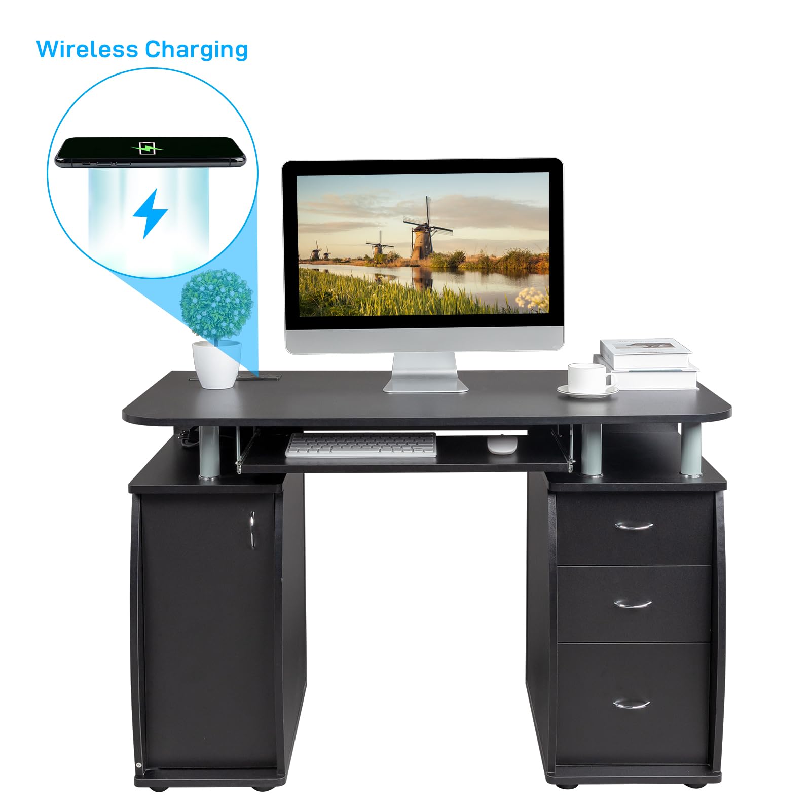 45inch Computer Desk with 3 Drawers Writing Home Office Workstation Modern PC Laptop Workstation Writing Desk Table with Keyboard Tray for Bedroom