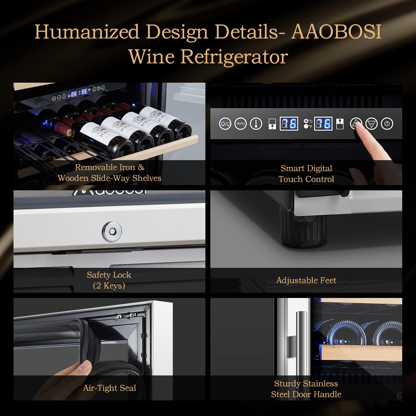 AAOBOSI 24 Inch Wine Cooler Dual Zone, 154 Bottles Wine Refrigerator Built in or Freestanding Wine Fridge 40ยฐF-65ยฐF with Intelligent Temperature Control-Memory Function-Powerful Compressor-Quiet