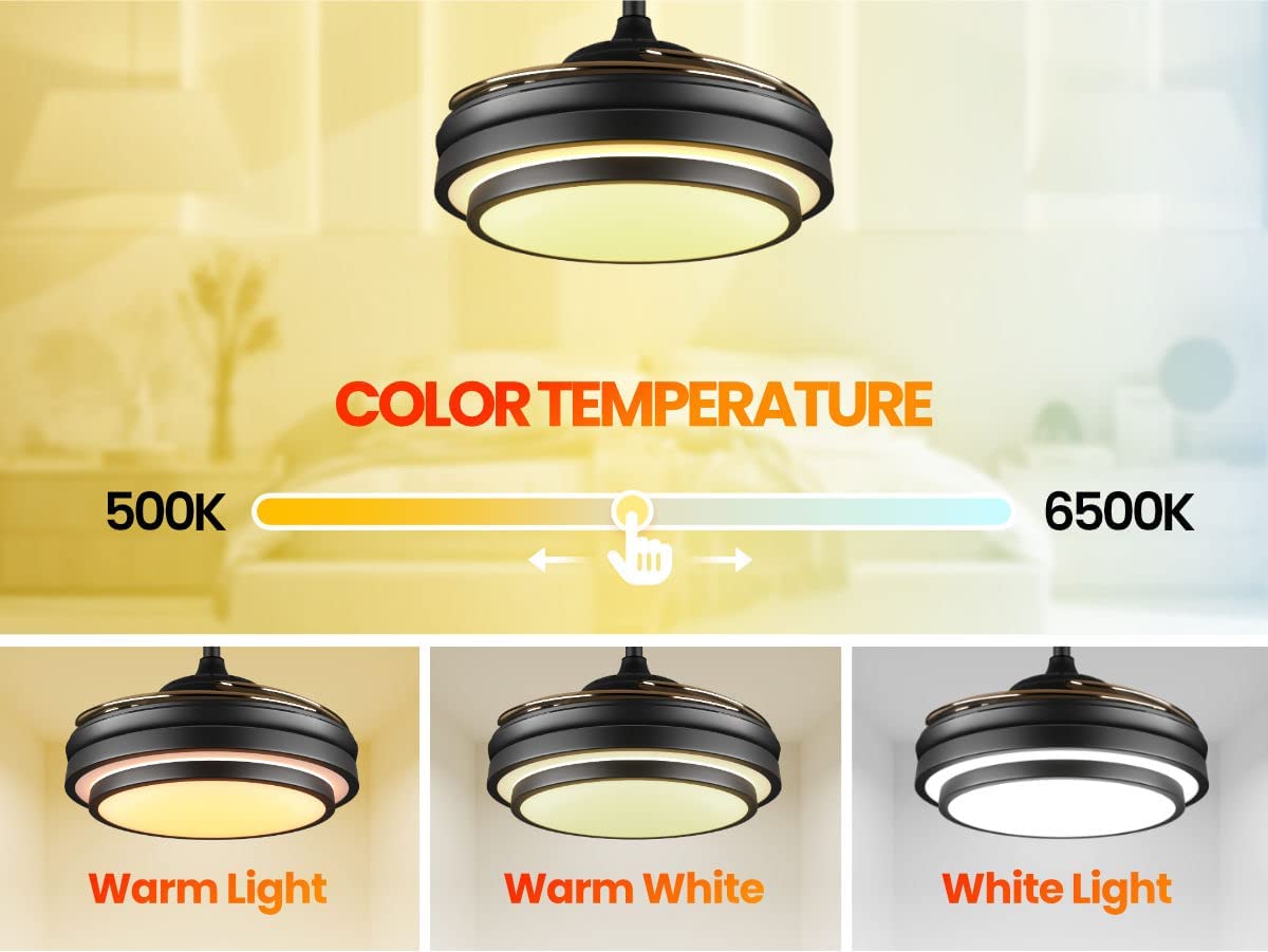 42 Inch Black Modern Ceiling Fan with Lights and Remote Retractable Fandelier Ceiling Fan 6 Speed Dimmable Memory LED Ceiling Fan Silent Reversible APP Control Smart Ceiling Fan for Bedroom Kitchen