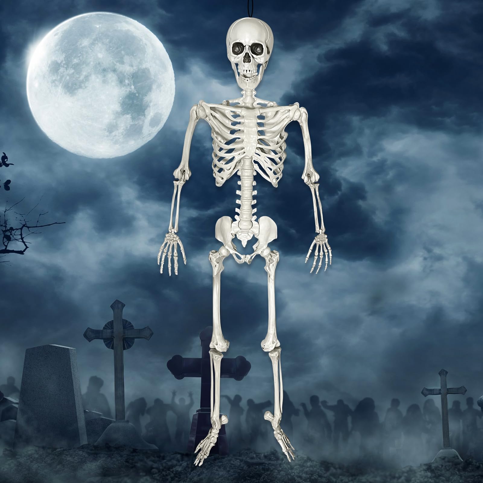 38" Posable Halloween Skeleton Decorations, Full Body Halloween Skeleton with Movable Joints for Haunted House Graveyard Props Indoor and Outdoor Decor