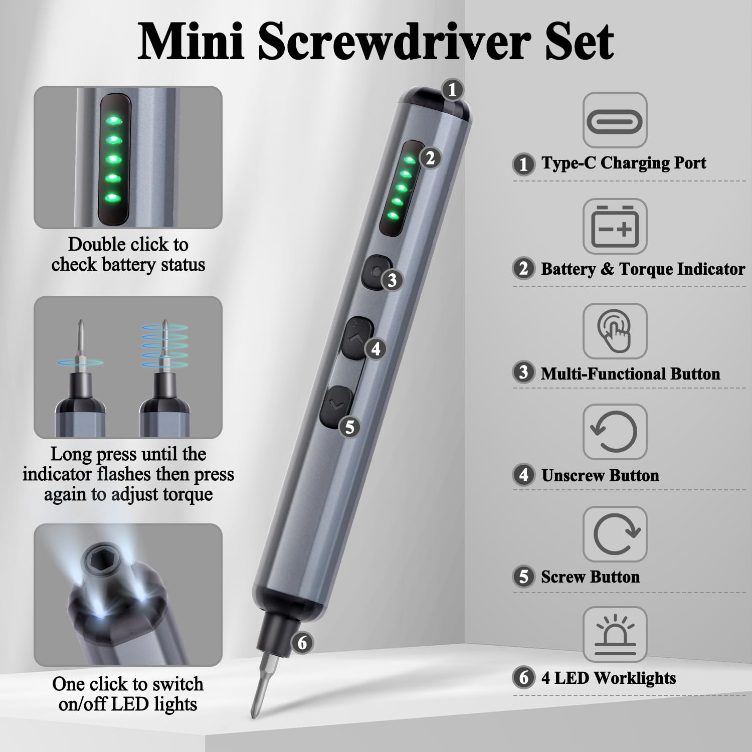 Aeglemana Mini Electric Screwdriver Set,68 in 1 portable electric screwdriver-64 S2 Universal Bits-5 Torque Settings,4 LED Lights- Suitable for laptop toys,Small Electric Screwdriver Cordless toolkits