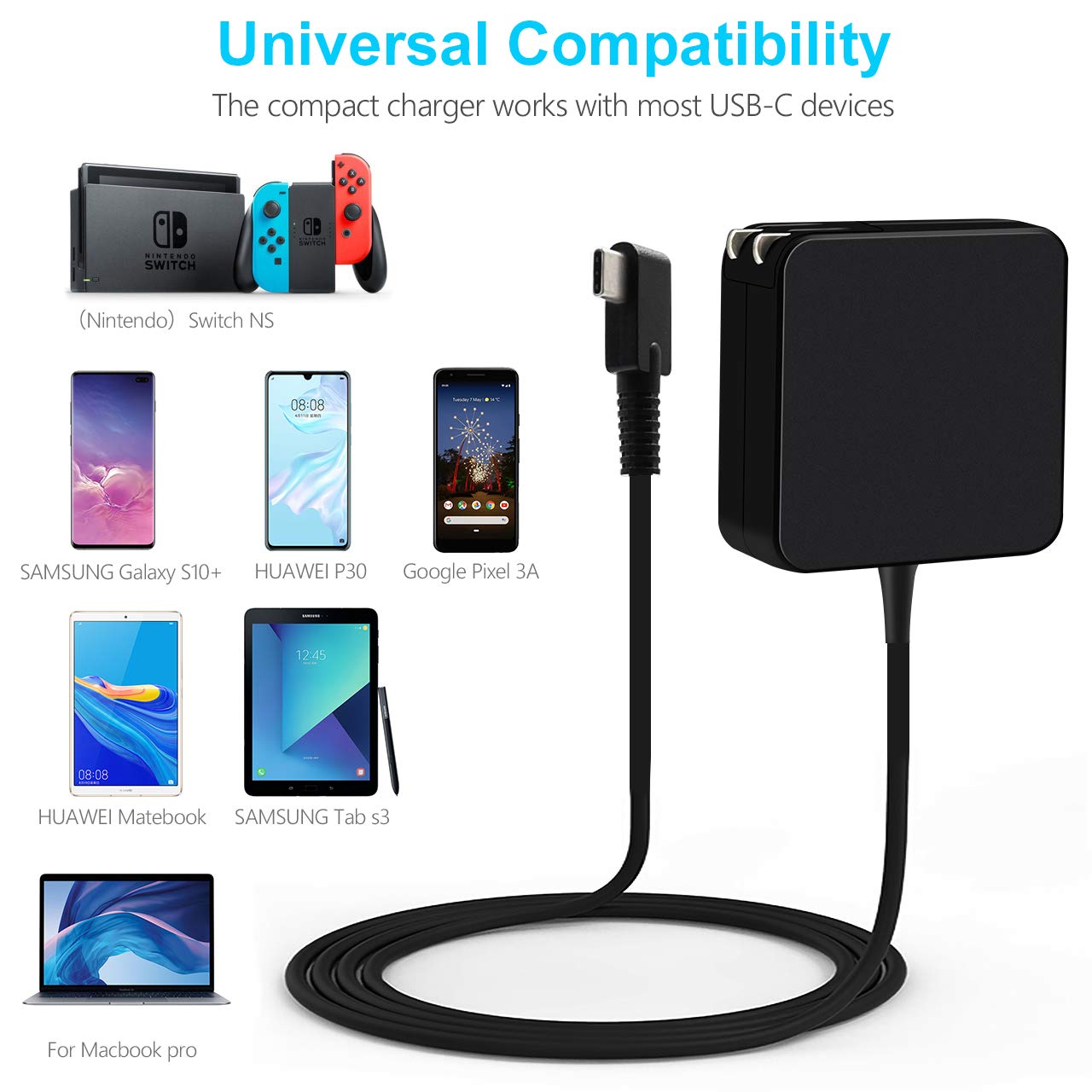 45W USB C Wall Charger with Power 180 Degree Rotatable Plug, Laptop Fast Charging Adapter Built-in 5.9ft Type C Cable for Switch NS, MacBook 12 inch/Pro 2016 Version/Air, Dell XPS, Surface Go