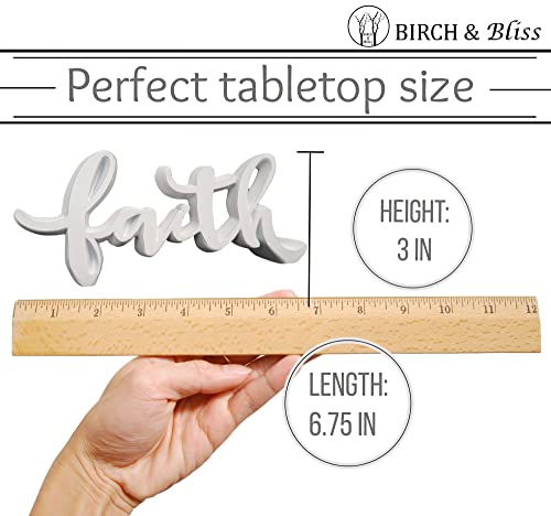 Birch & Bliss β Faith β Small Distressed White Tabletop Script Word Decor (6.75in x 3in) Modern Farmhouse Resin Standing Words - Inspirational Gifts | Spring - Wedding Decor