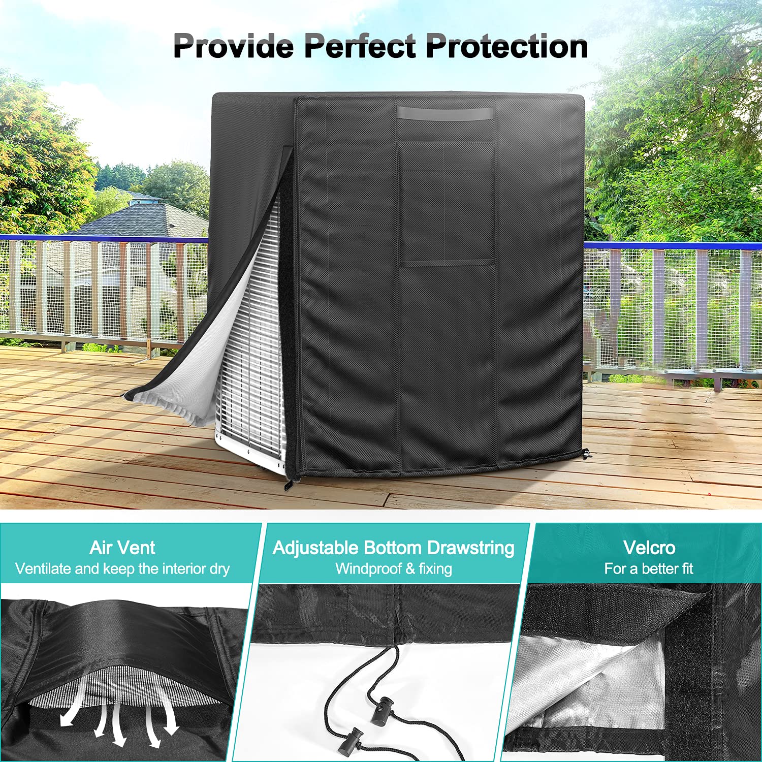 BROSYDA Central Large Air Conditioner Cover for Outside Units, Waterproof & Windproof Outdoor AC Units Cover Black (32"x32"x36" Inch)