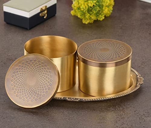 Acewood Brass Canister with tray dry fruit box nuts box dry fruit tray gift box Dry Fruit Containers Multi Utility Storage Containers set of 2., Golden