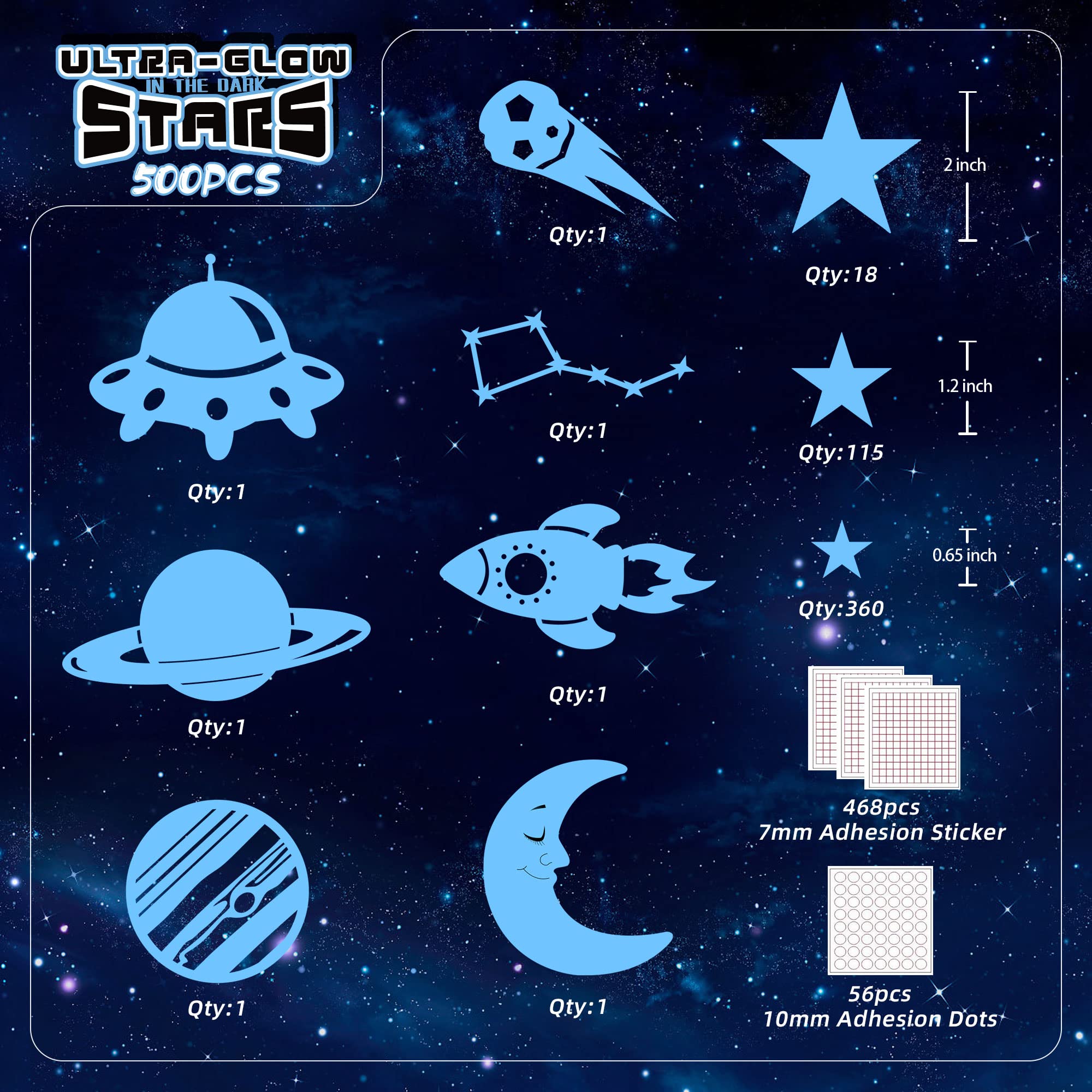 500Pcs 3D Glow in the Dark Stars Blue Glow in the Dark Stars for Ceiling Space Wall Decals Glowing Astronaut Universe Planet Galaxy Wall Stickers Ceiling Decorations for Boys Kids Bedroom Decor (Blue)