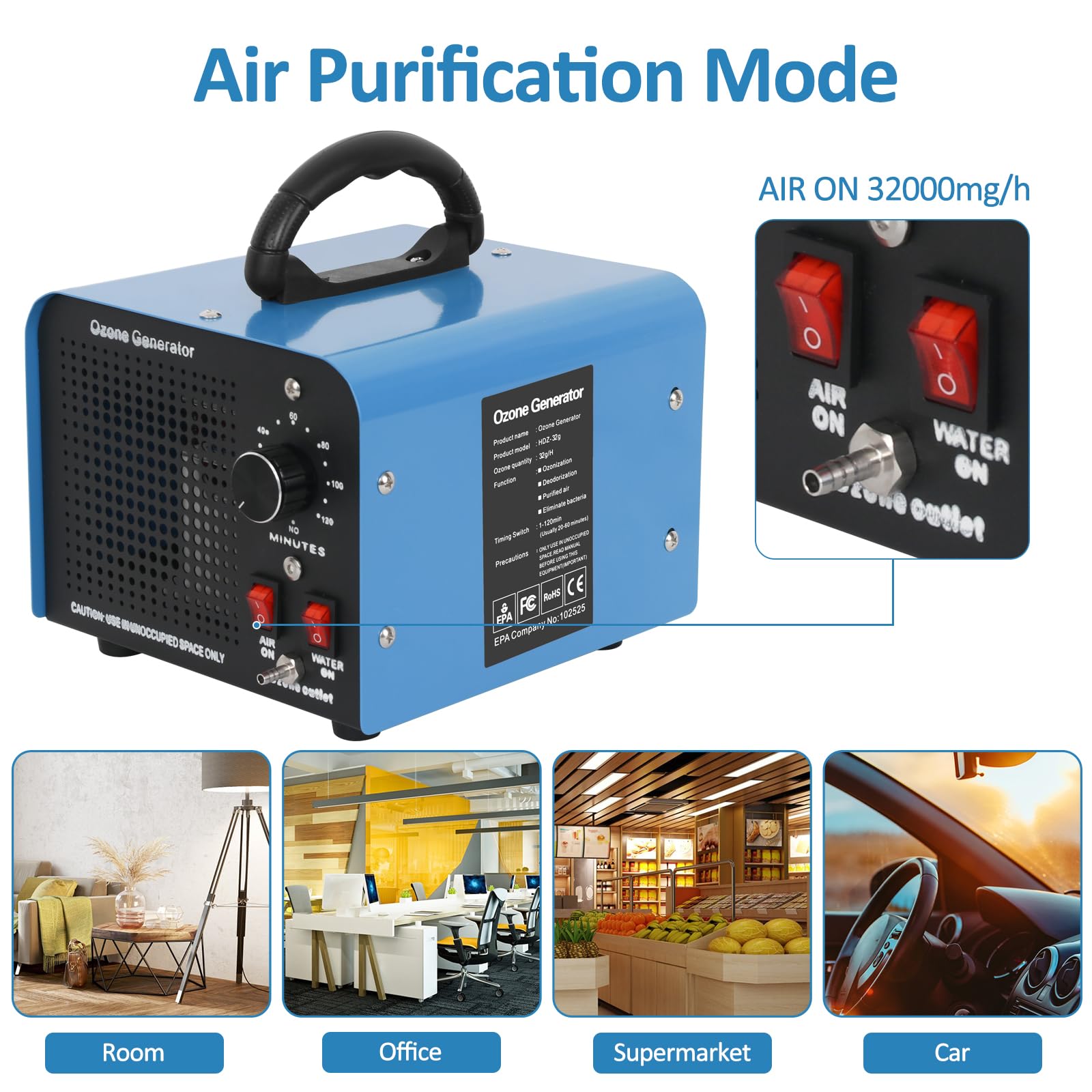 32000mg/H Ionizer Air Purifier, Air Ionizers for Home with 0-120 Min Time Setting, Odor Eliminator with 2 Cleaning Modes for Smoke Pet Kitchen Toilet Hotel Office Car