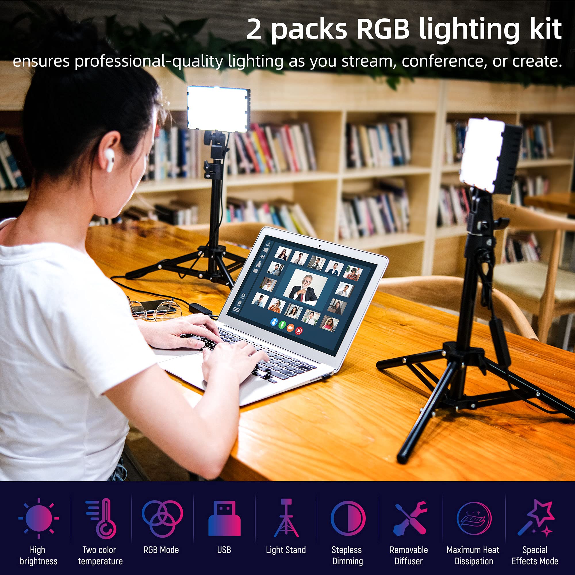 RGB Photography Lighting,USB Powered 2600K-6000K LED Tabletop Light with Stand, for Zoom Calls Video Conference Webcam Meeting Tiktok Game Streaming YouTube Photo Video Studio Shooting (2 Packs