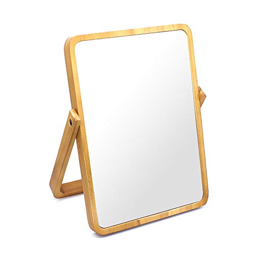 Buwico Rectangle Standing Vanity Makeup Mirror Cosmetic Mirror Table Mirror with Wood Frame and Stand Mirror for Hanging